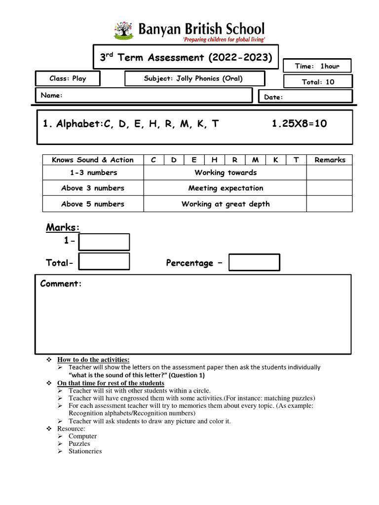 Play Group Jolly Phonics Assessment of 3rd Term (2022-2023) | PDF