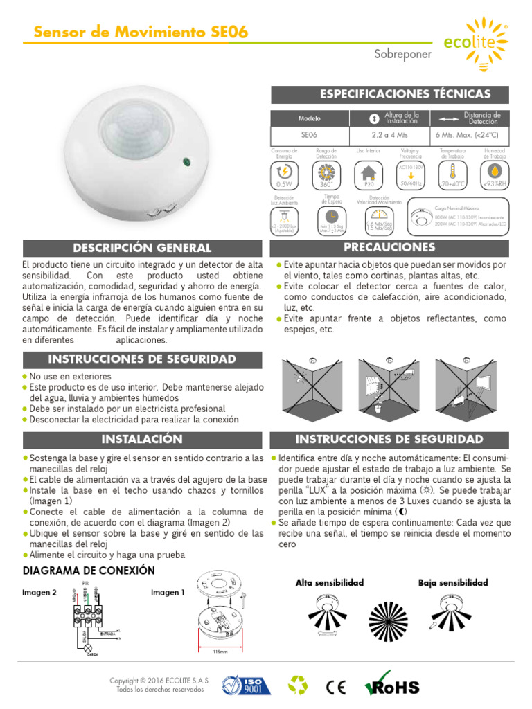 ECOLITE - Ficha Tecnica Sensor SE06 COD. 1097 | PDF