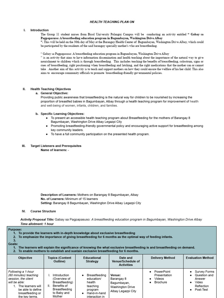 Health Teaching Plan | Download Free PDF | Breastfeeding | Learning