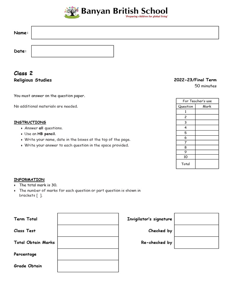 Class 2 RST Assessment Paper Final Term 2023 | PDF
