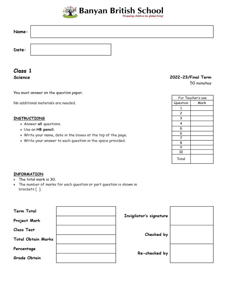 Class 1 Science Assessment Paper Final Term 2023 | PDF