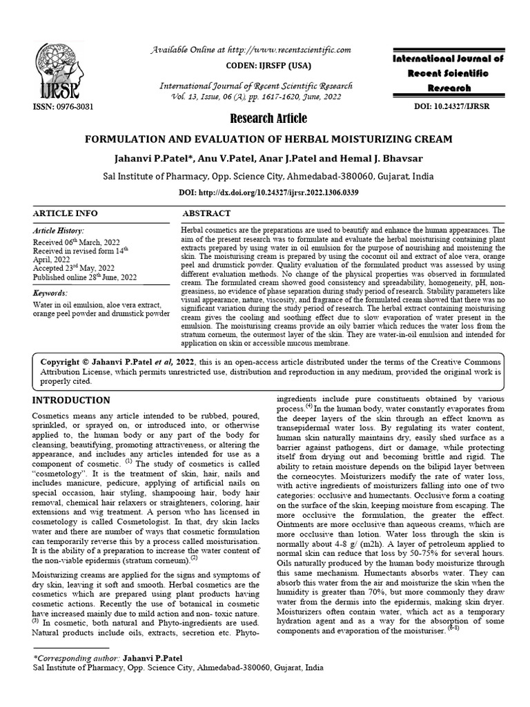 Formulation and Evaluation of Herbal Moisturizing Cream: Research ...