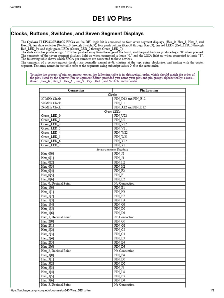 DE1 FPGA I/O Pin Connections | PDF | Design | Information And ...