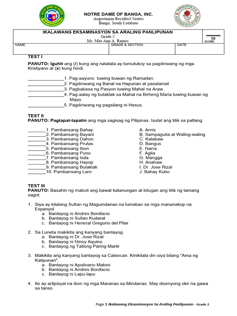 Augustinian Recollect Sisters Banga, South Cotabato: Name Grade & Section Date | PDF