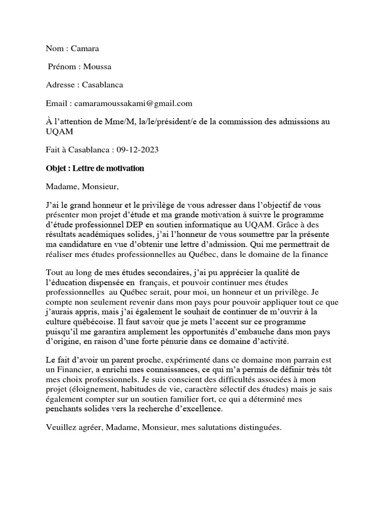 Lettre de Motivation UQAM | PDF