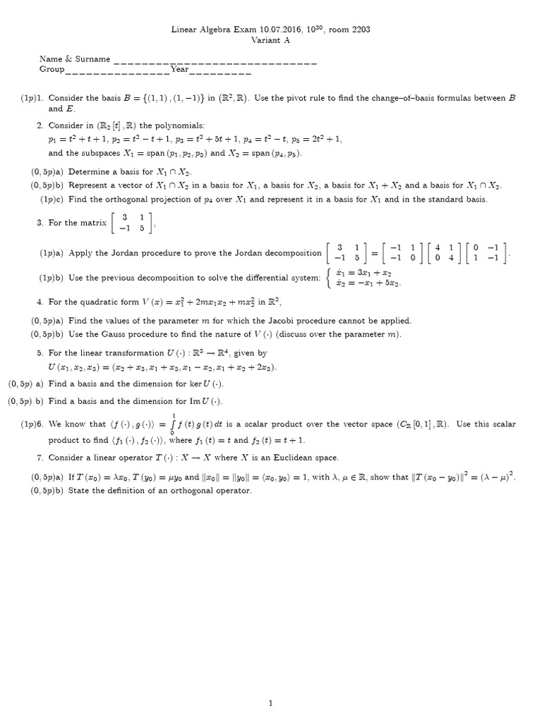 summer2016 | PDF | Basis (Linear Algebra) | Linear Map