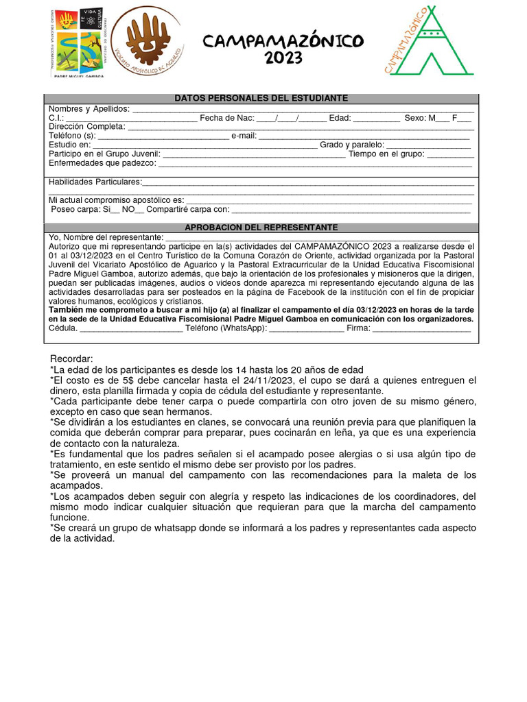 Hoja de Inscripción Al Campamento 2023 | PDF