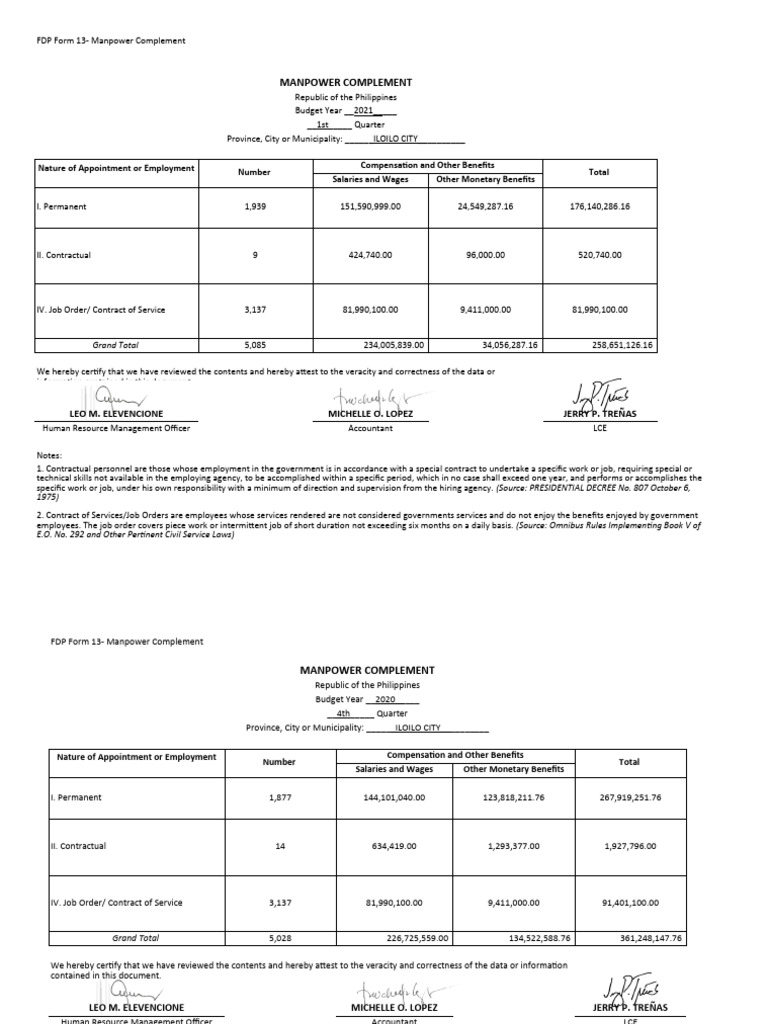 Manpower Complement 1st Quarter CY 2021 | PDF | Employment | Human ...