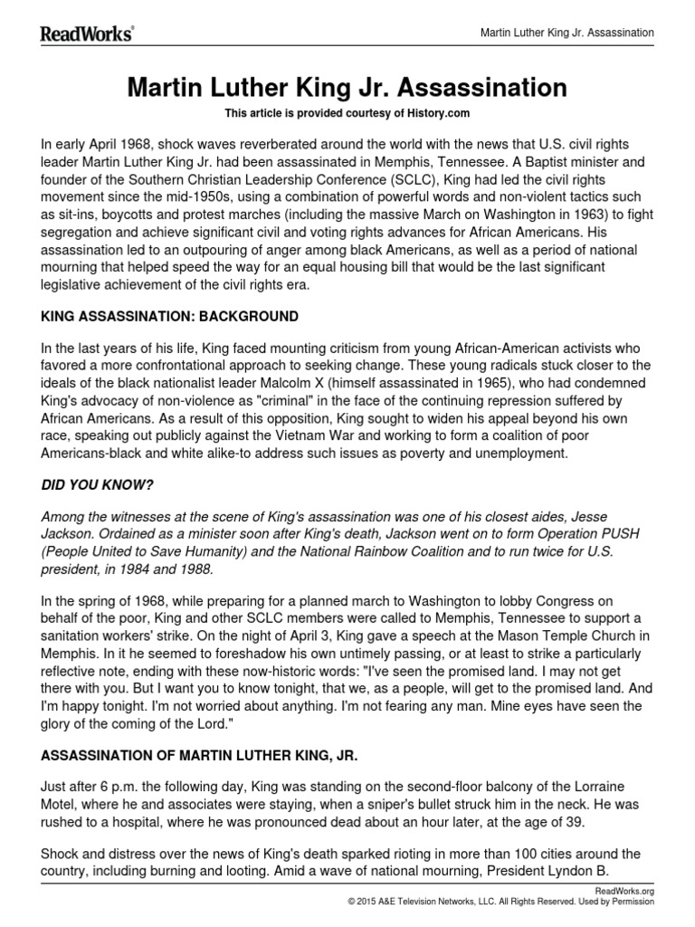 ReadWorks - Martin Luther King Jr. Assassination | PDF | Martin Luther ...