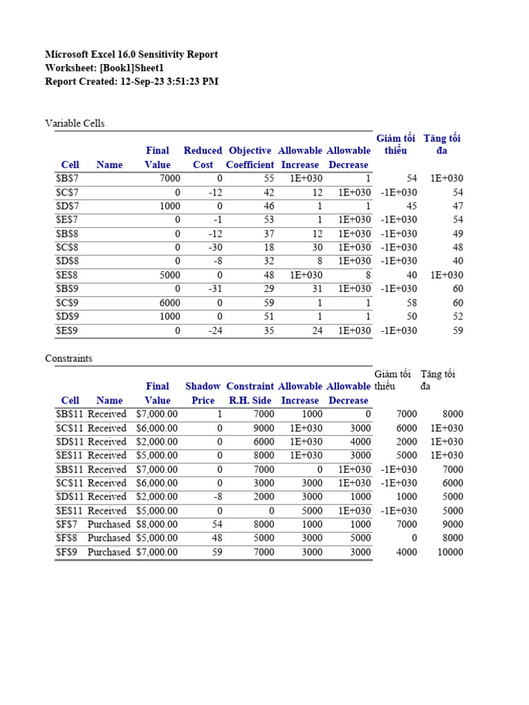 Excel 16.0 Sensitivity Report Analysis | PDF | Teaching Methods & Materials