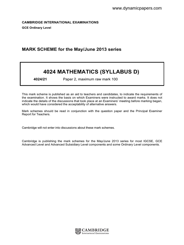 4024 Mathematics (Syllabus D) : MARK SCHEME For The May/June 2013 ...