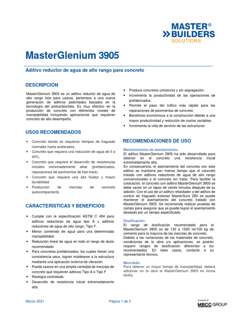 Ficha Técnico Masterglenium 3905 | PDF | Hormigón | Agua
