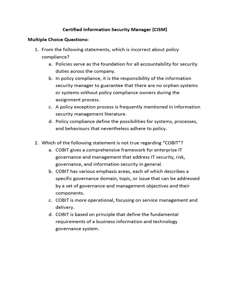 Certified Information Security Manager (CISM) - Mock Exam | PDF | Risk | Information Security