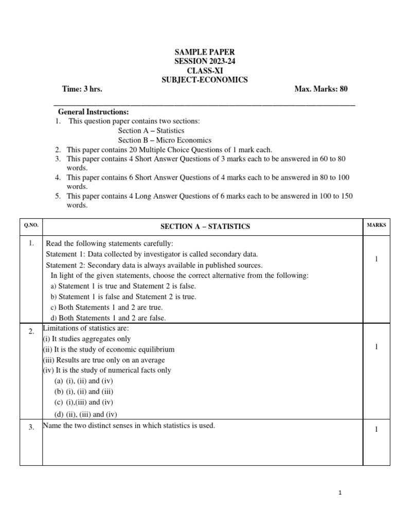 Economics Class Xi Sample Paper 2023 24 Pdf Demand Elasticity