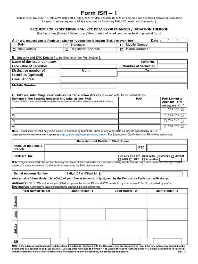 ISR-1 - Request Form For Registering Pan, Bank, KYC | PDF | Securities (Finance) | Identity Document