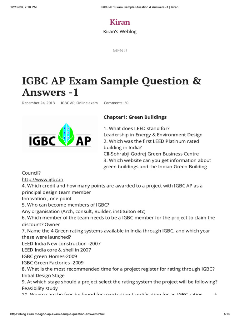 IGBC AP Exam Sample Question & Answers - 1 - Kiran | PDF | Water | Earth Sciences