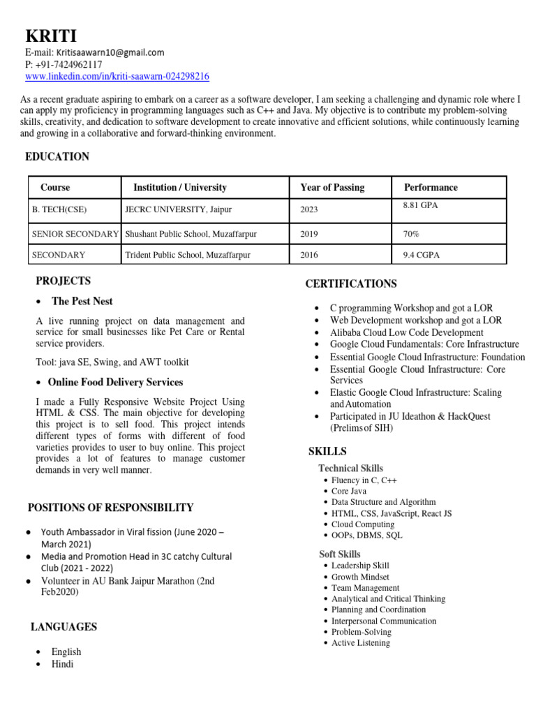 Kriti . Resume | PDF | Cloud Computing | Software Development