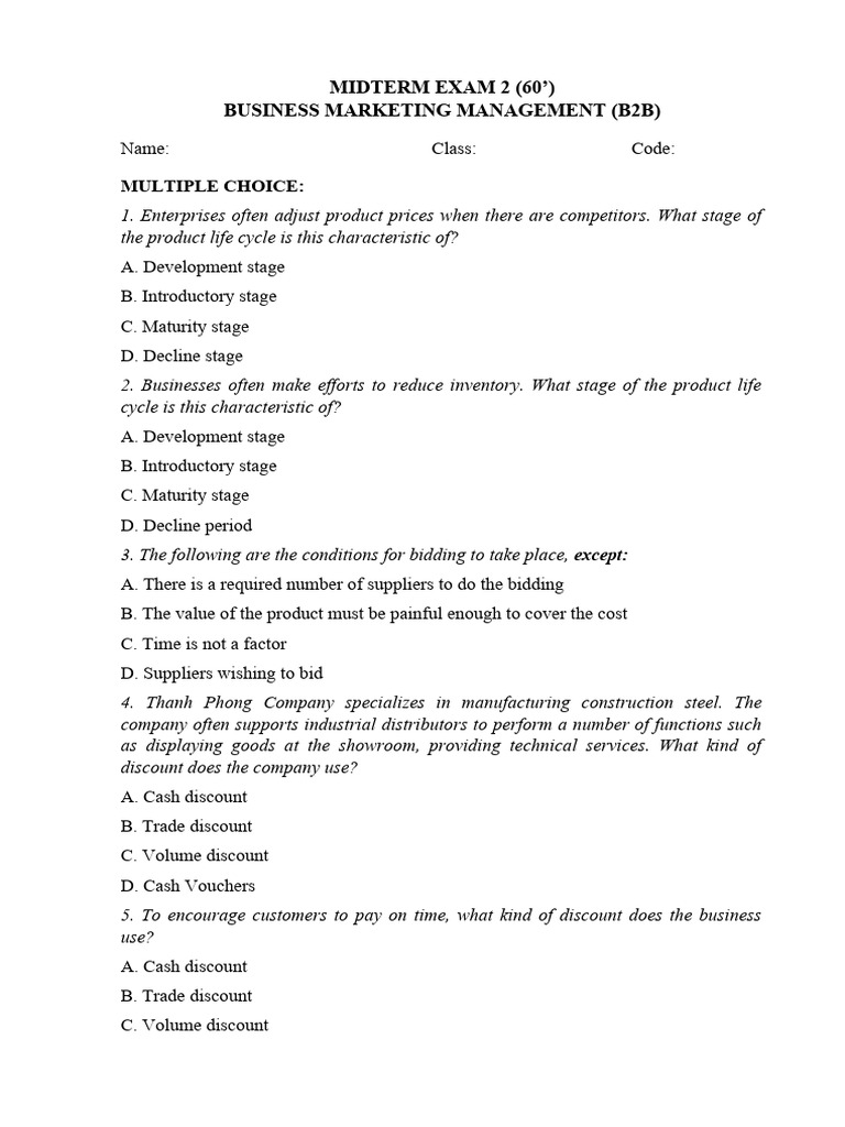 Midterm Exam 2 | PDF | Sales | Marketing