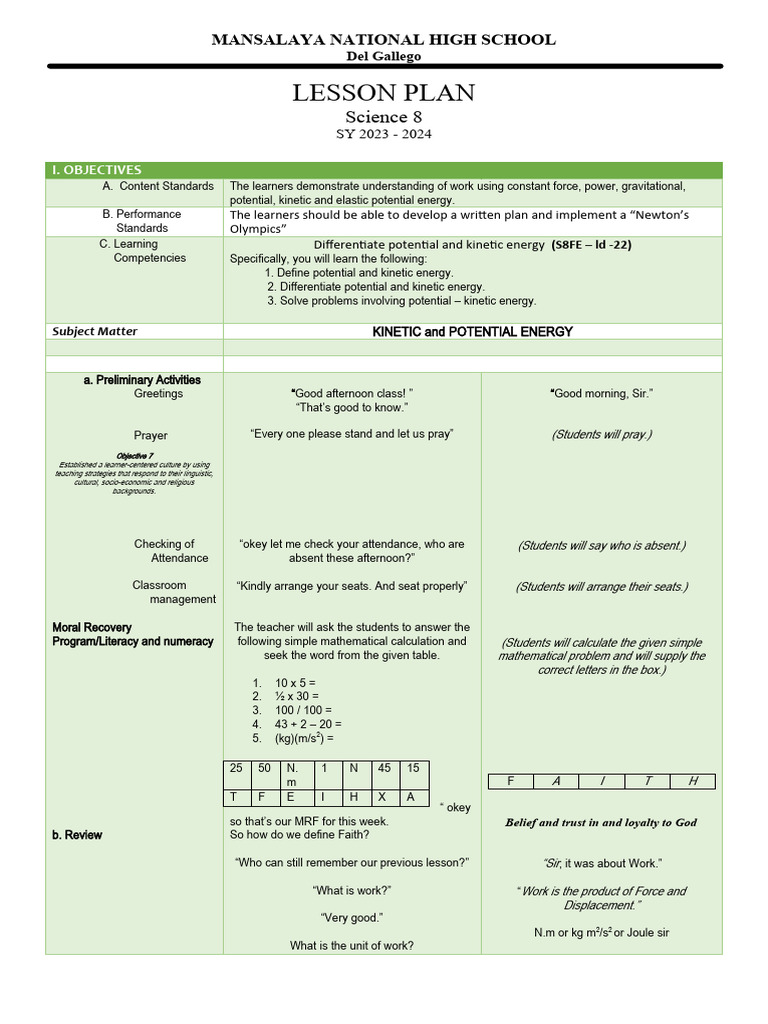 Kinetic vs. Potential Energy Lesson Plan | PDF | Potential Energy ...