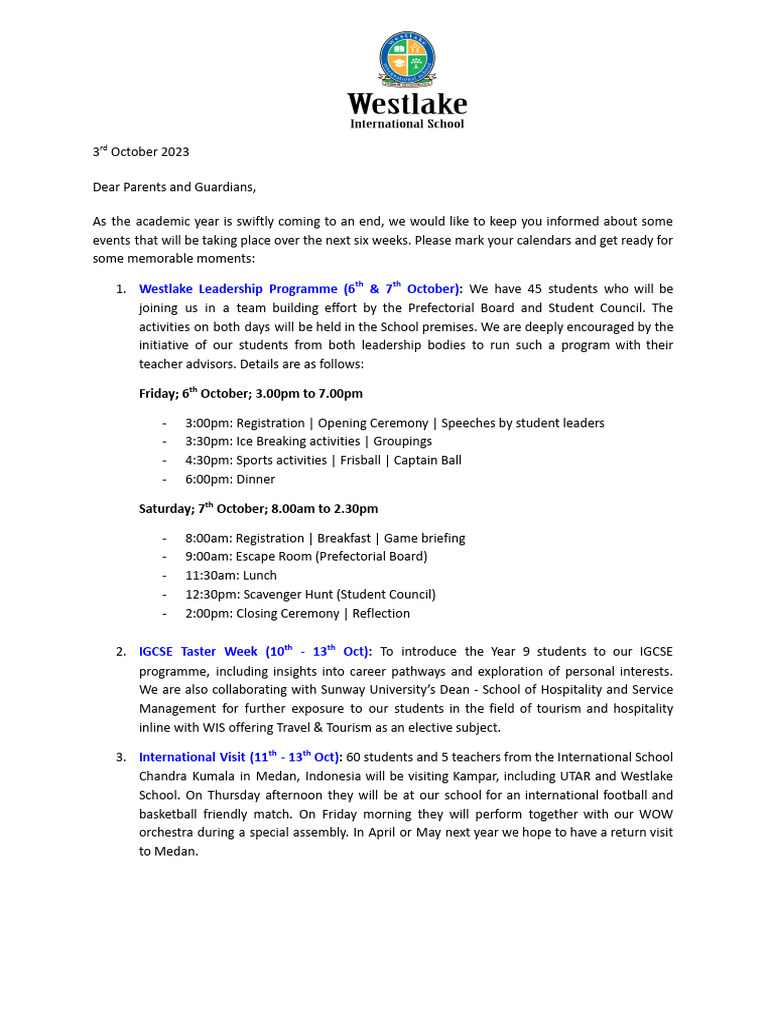 Letter To Parents - Upcoming Events 2023 | PDF | Career & Growth