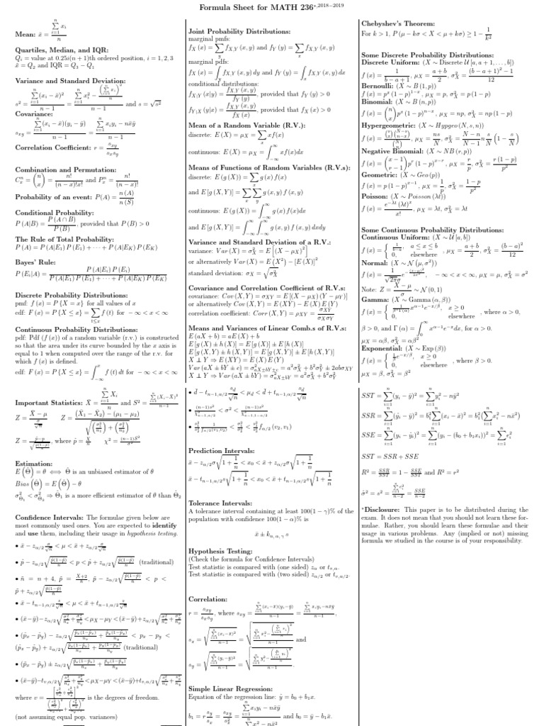 Formula Sheet Math236 | PDF | Variance | Probability Distribution