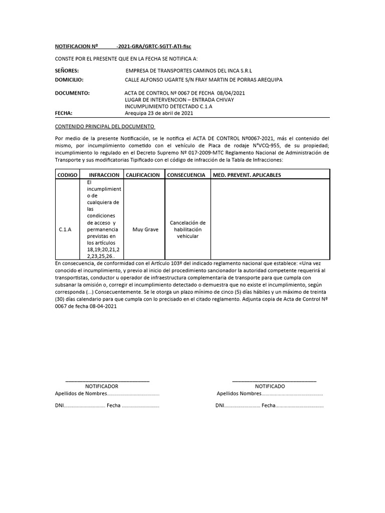 Notificación Acta de Control C1A 0067-2021 | PDF | Justicia | Crimen y ...