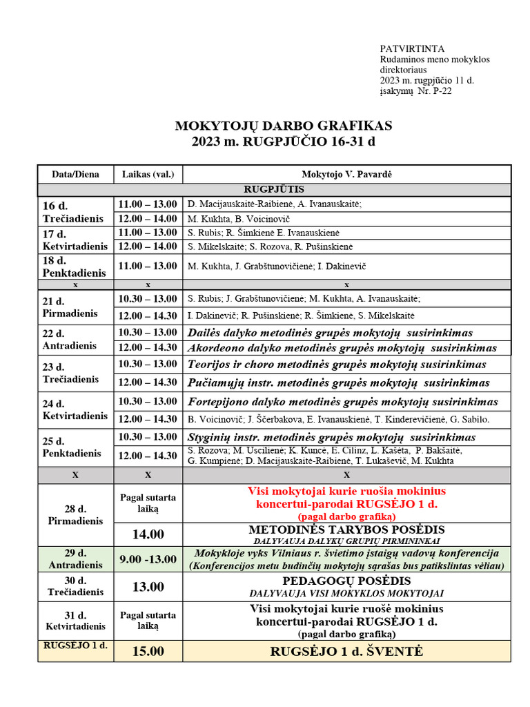 Mokytojų Darbo Grafikas Vasaros Atostogų Metu 08.16-31 | PDF