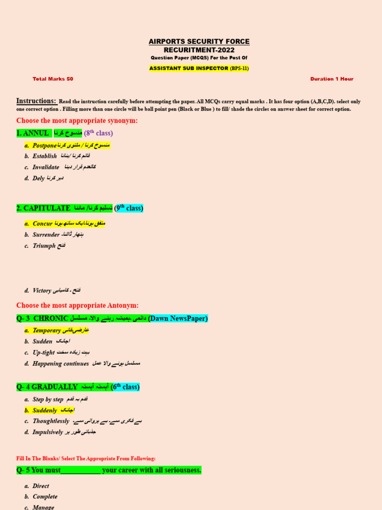 ASF Assistant Sub Inspector Past Paper | PDF | English Language | Part ...