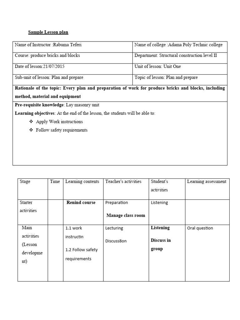 1st Lesson Plan For Unit One | PDF | Concrete | Brick