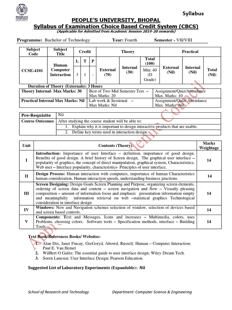 People'S University, Bhopal Syllabus of Examination Choice Based Credit System (CBCS) | PDF ...