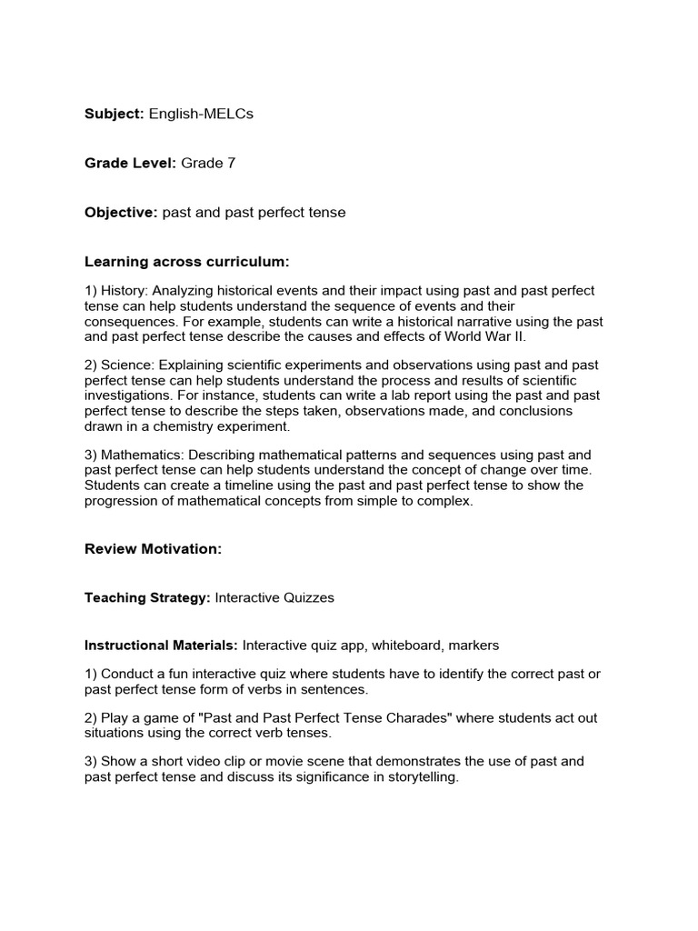 Lesson Plan Pdf Grammatical Tense Perfect Grammar