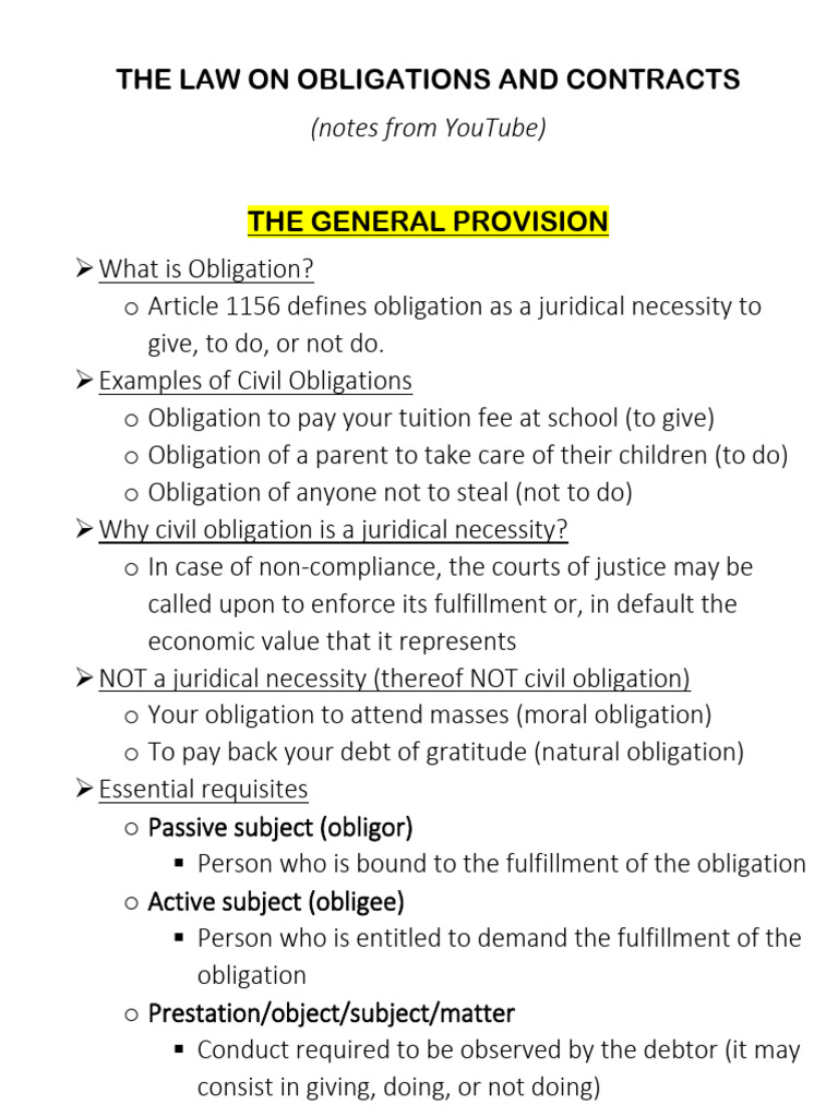 The Law On Obligations and Contracts (Notes From Youtube) - Prelim ...