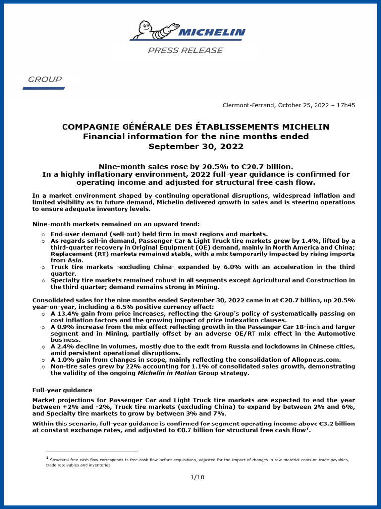 PR Michelin Sales-Q3 | PDF | Inflation | Tire