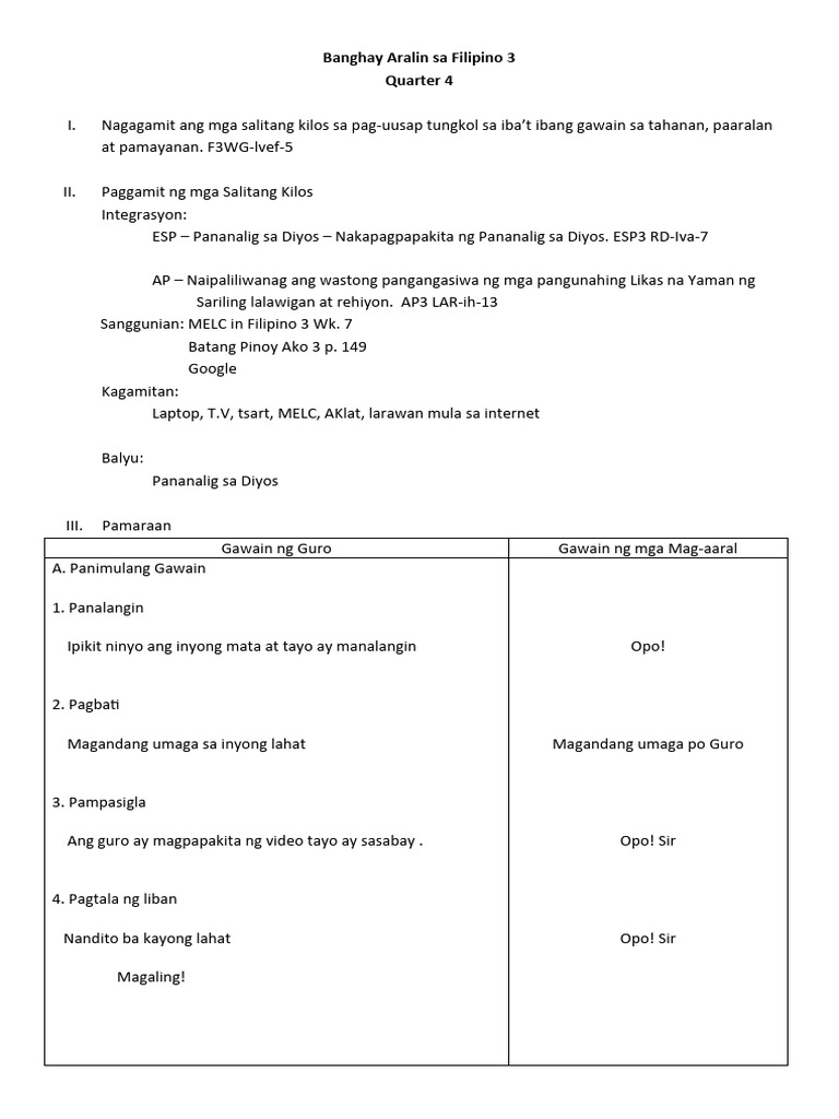 Banghay Aralin Sa Filipino 3 New | PDF