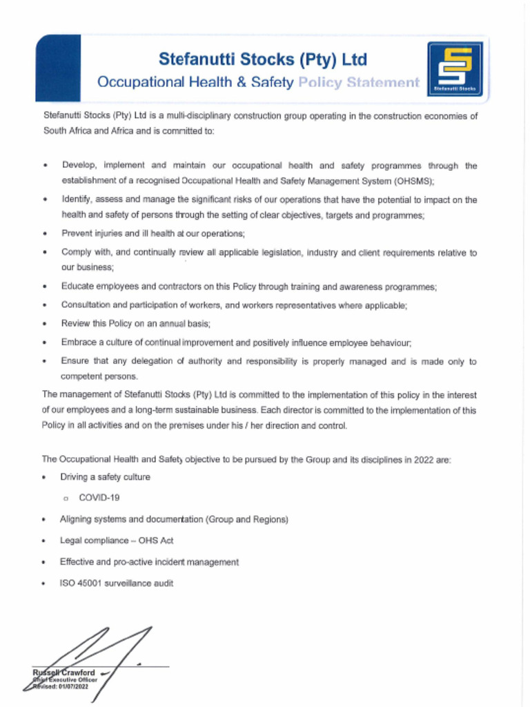 Occupational Health Safety Policy Statement 1 July 2022 | PDF