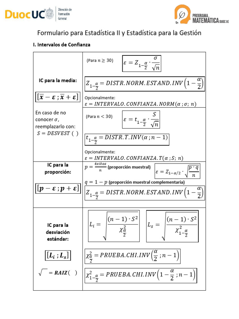 Formulario ESTADÍSTICA INFERENCIAL | PDF | Investigación cuantitativa | Teoría de probabilidad