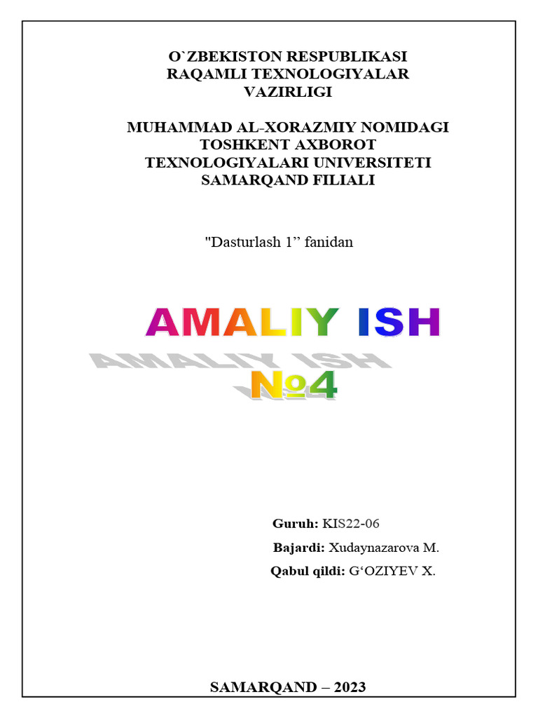Amaliy Ish 4 Mavluda Pdf Computer Programming Programming Paradigms