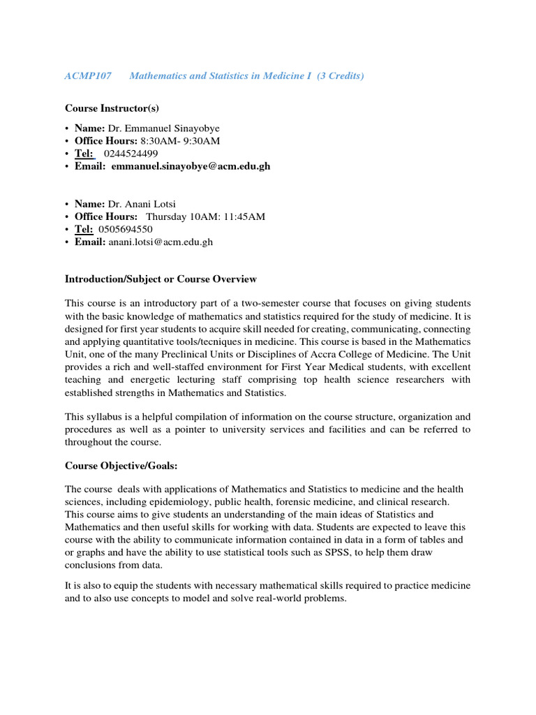 ACMP107 Mathematics and Statistics in Medicine I - 2020 - 2021 Course ...
