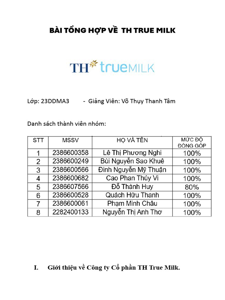 BÀI TỔNG HỢP VỀ TH TRUE MILK | PDF
