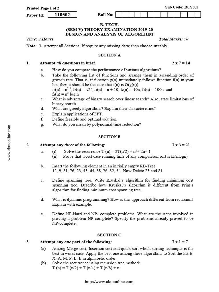 2019-20 University Paper | PDF | Time Complexity | Dynamic Programming