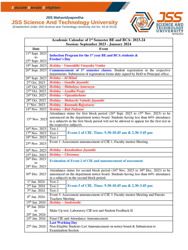 BE & BCA 1st Semester Schedule | PDF