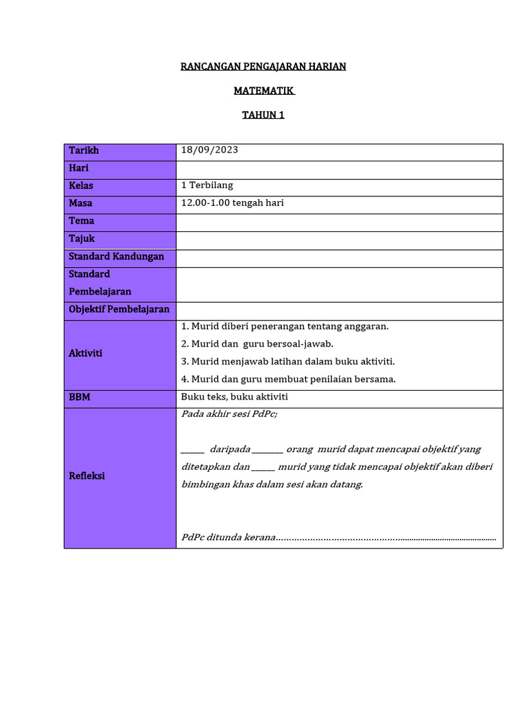 RPH MT Tahun 1 | PDF