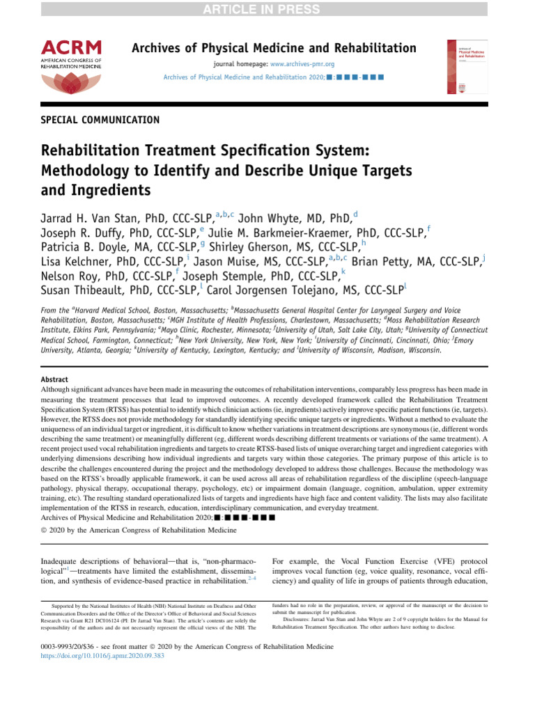 Rehabilitation Treatment Specification System - Methodology To Identify ...