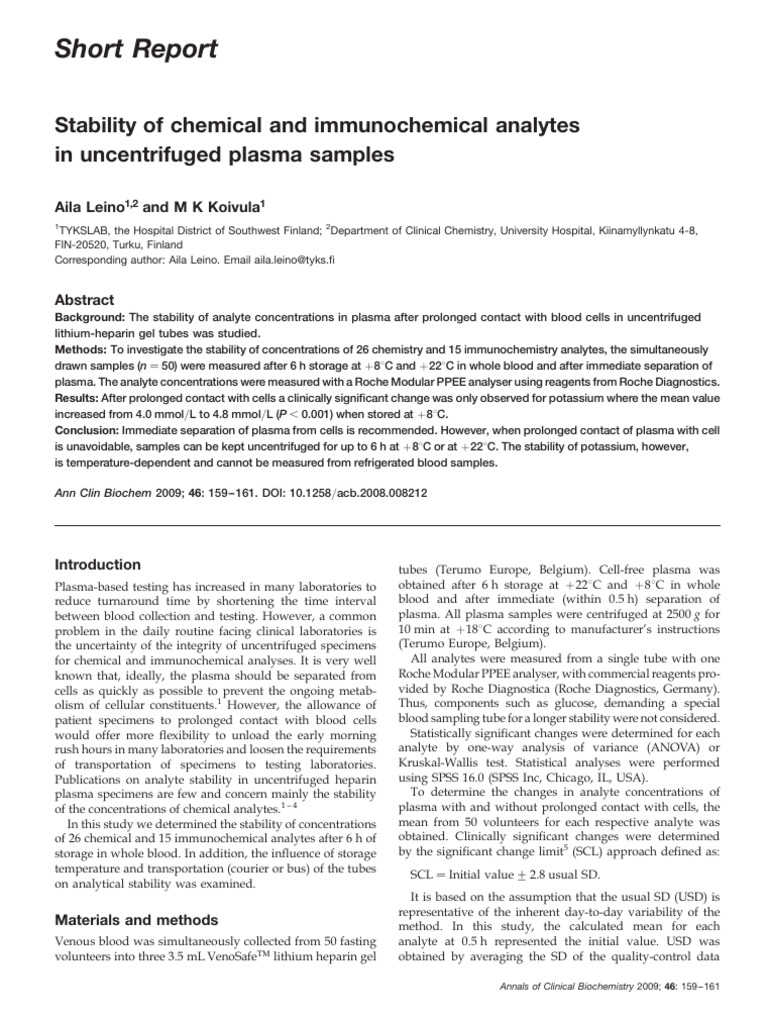 Analyte Stability in Uncentrifuged Plasma | PDF | Blood Plasma | Mean