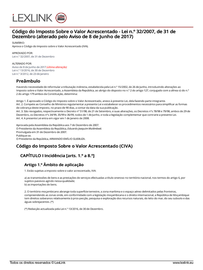 Código do IVA - Lei n.º 32/2007 | PDF | Imposto sobre Valor Agregado ...