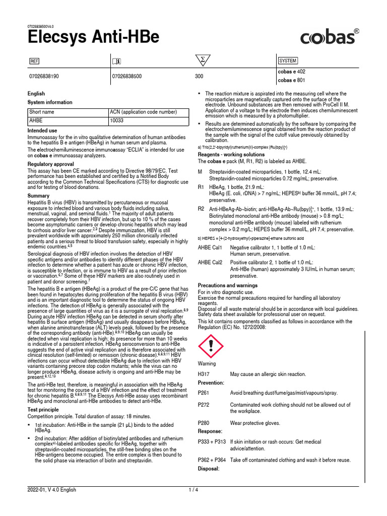 Elecsys Anti-HBe Assay Overview | PDF | Hepatitis B | Infection