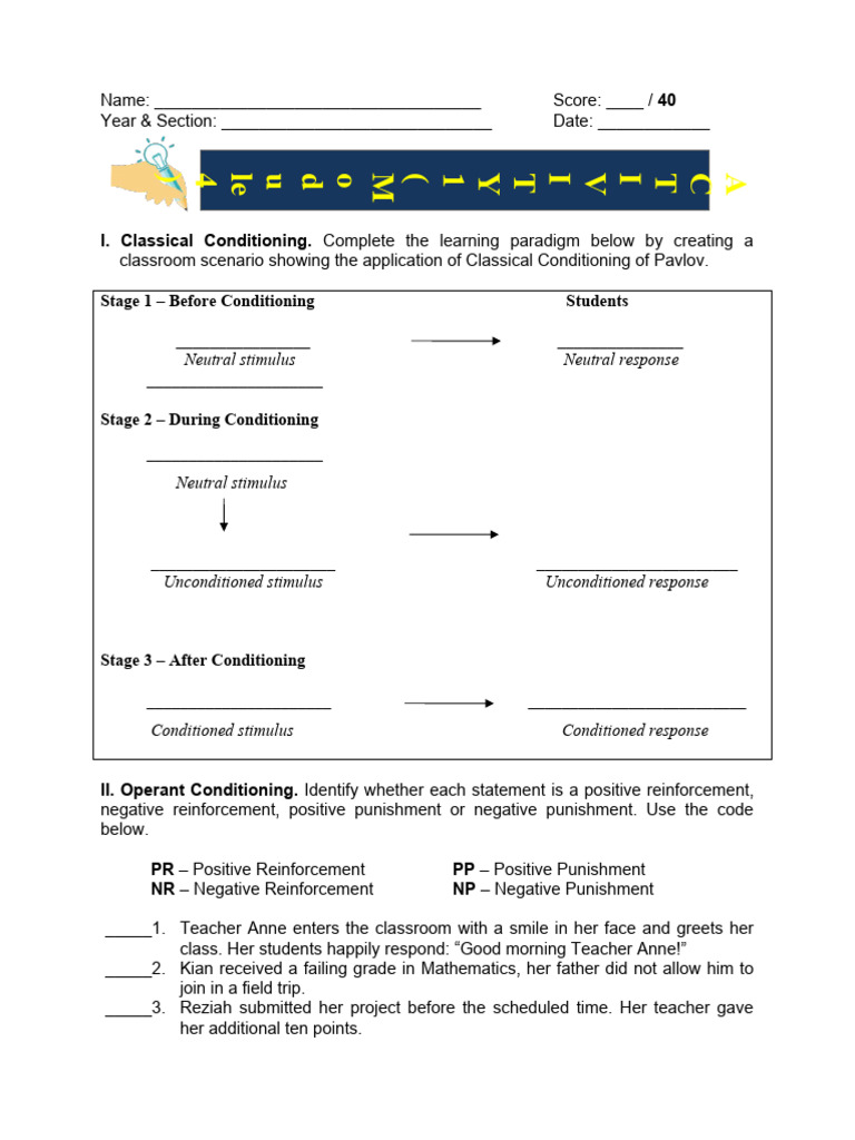 Activity For Lesson 1 Behaviorism | PDF | Reinforcement | Classical Conditioning
