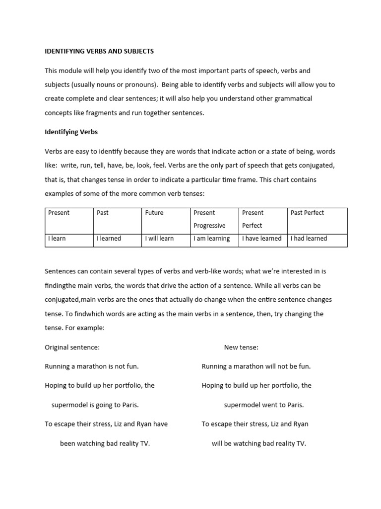 5 Recognizing Verbs and Subjects | PDF | Verb | Grammatical Tense