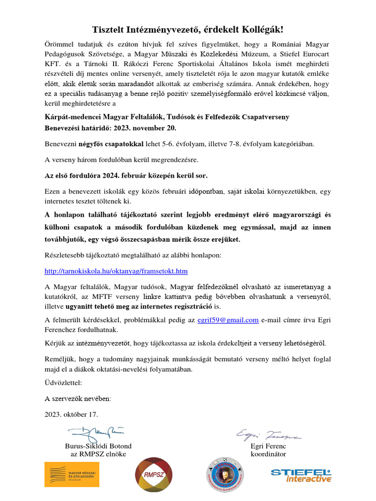 Felhívás MFTF Kárpát-Medencei Versenyre2023 | PDF