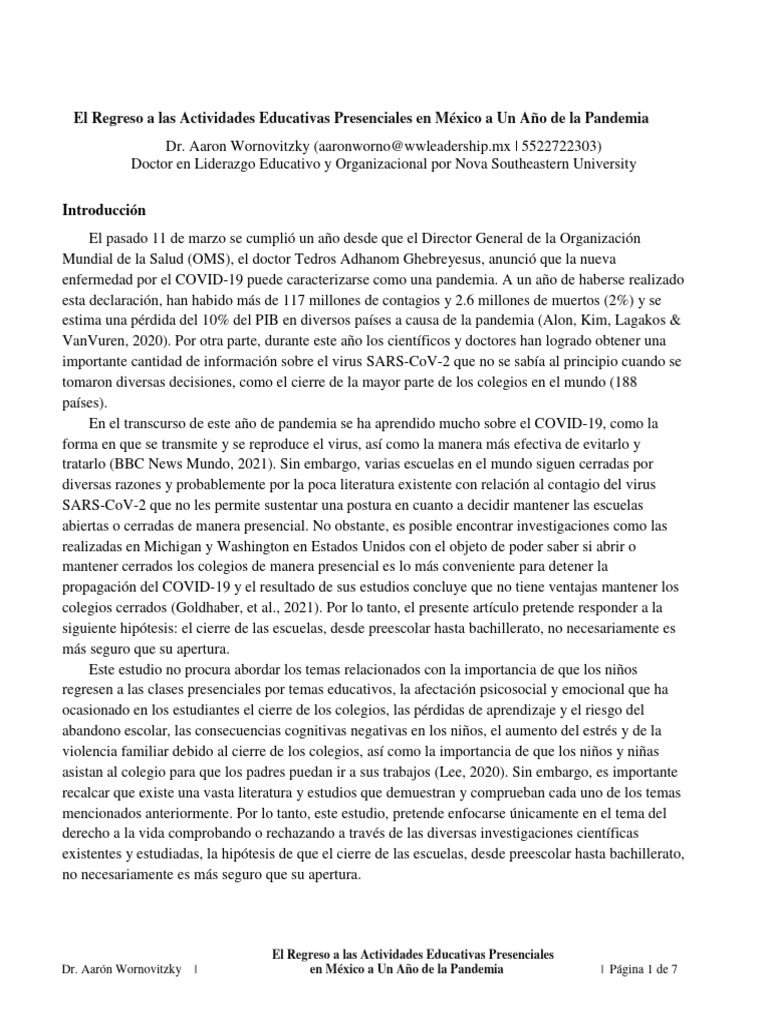 Articulo Formato Revista DR Aaron Wornovitzky Regreso A Clases en Pandemia Marzo 2021 Vfinal2 A ...